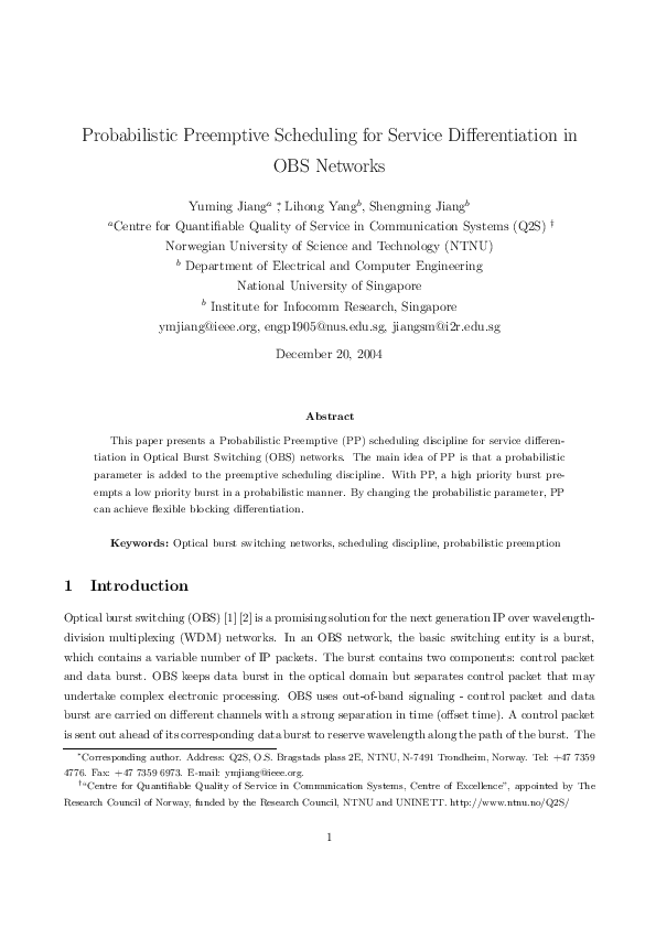 (PDF) Probabilistic Preemptive Scheduling for Service Dierentiation in OBS Networks | Yuming ...