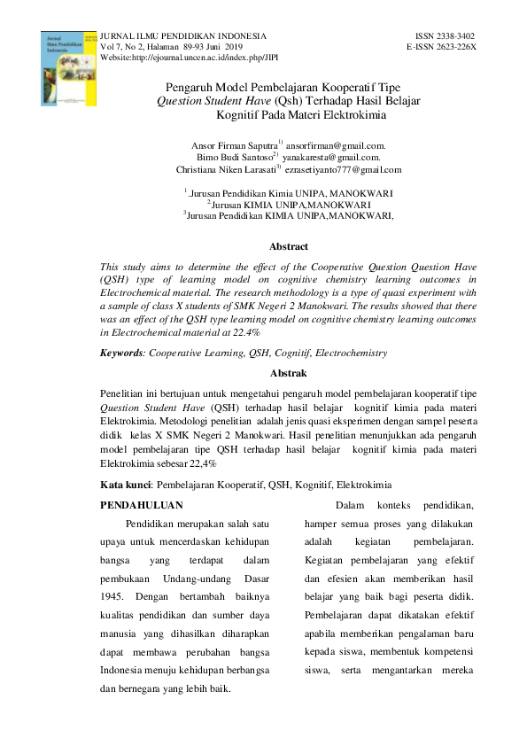 (PDF) Pengaruh Model Pembelajaran Kooperatif Tipe Question Student Have (Qsh) Terhadap Hasil ...