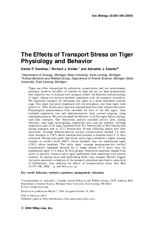 (PDF) The effects of transport stress on tiger physiology and behavior