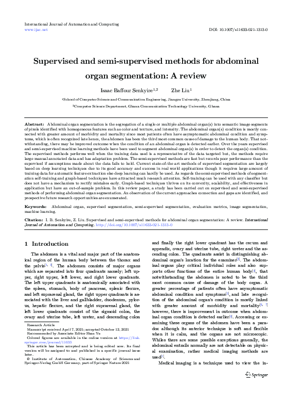 (PDF) Supervised and semi-supervised methods for abdominal organ segmentation: A review