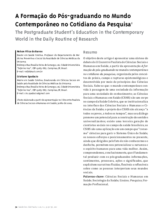 (PDF) A formação do pós-graduando no mundo contemporâneo no cotidiano ...