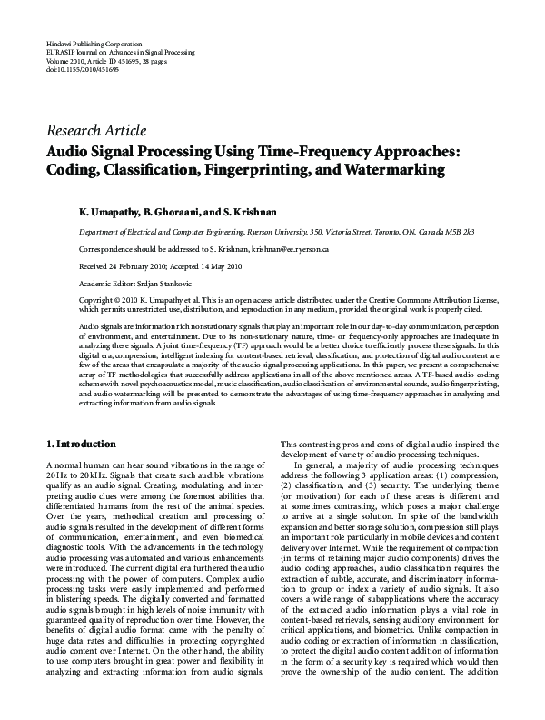 (PDF) Audio Signal Processing Using Time-Frequency Approaches: Coding, Classification ...