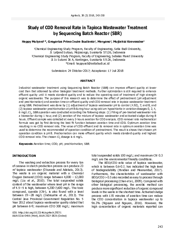 (PDF) Study of COD Removal Rate on a Sequencing Batch Reactor (SBR) Treating Tapioca Wastewater
