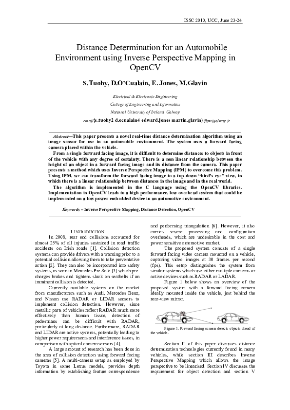 Pdf Distance Determination For An Automobile Environment Using Inverse Perspective Mapping In 