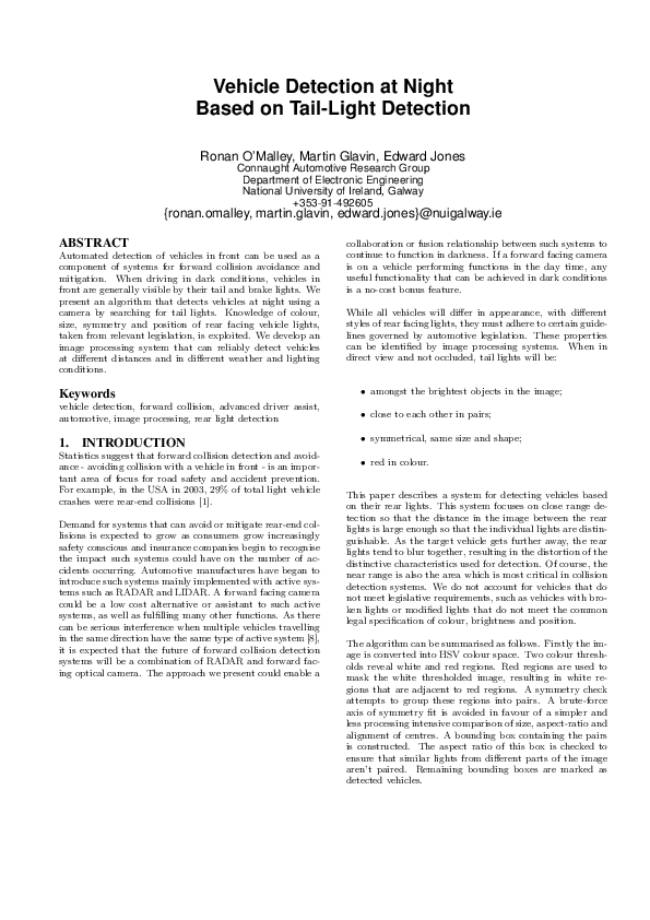 Pdf Vehicle Detection At Night Based On Tail Light Detection