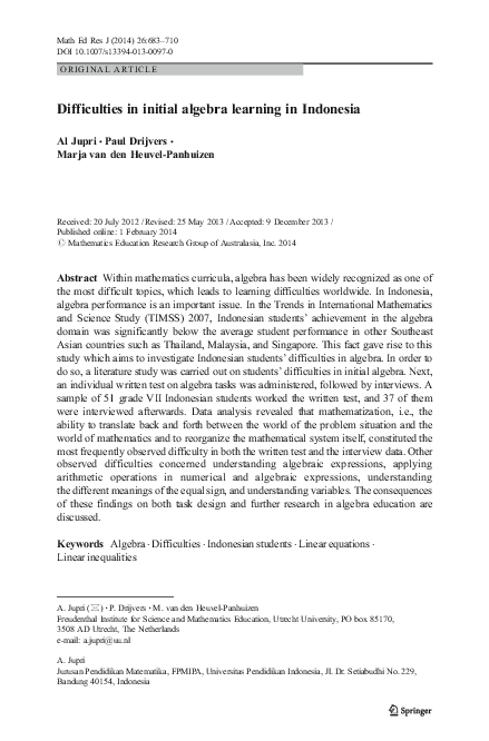 (PDF) Difficulties in initial algebra learning in Indonesia