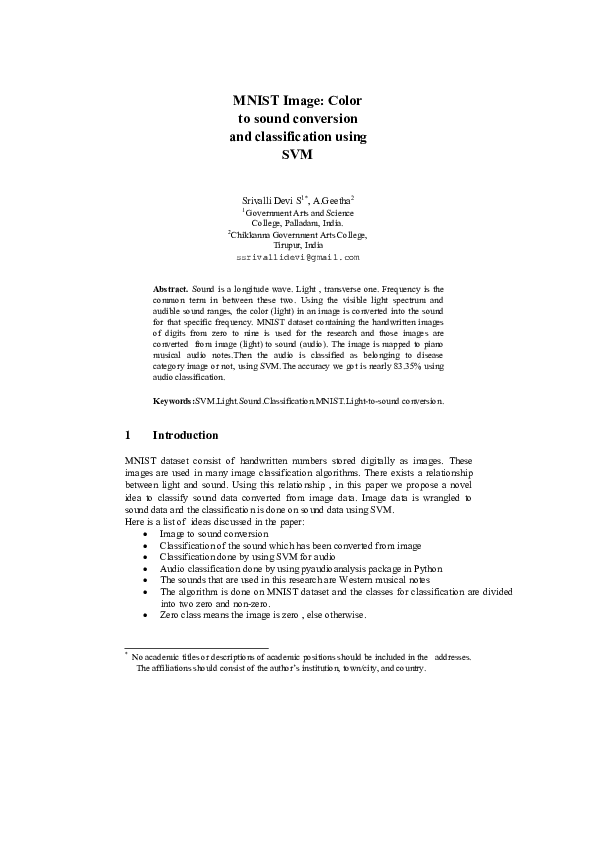 (PDF) MNIST Image: Color to sound conversion and classification using SVM