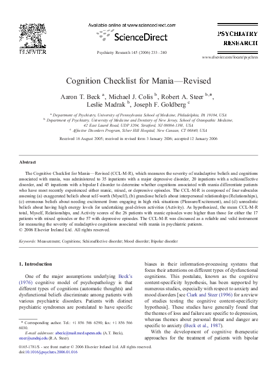 (PDF) Cognition Checklist for Mania Assessment