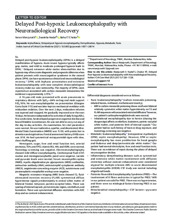 (PDF) Delayed Post-hypoxic Leukoencephalopathy with Neuroradiological ...