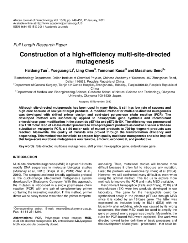 (PDF) Construction of a high-efficiency multi-site-directed mutagenesis