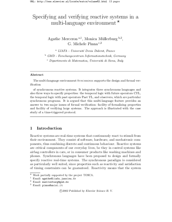 Pdf Specifying And Verifying Reactive Systems In A Multi Language Environment A Merceron 