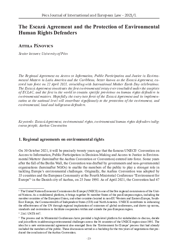 (PDF) The Escazú Agreement and the Protection of Environmental Human ...