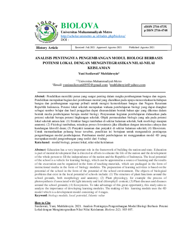 (PDF) Analisis Pentingnya Pengembangan Modul Biologi Berbasis Potensi Lokal Dengan ...