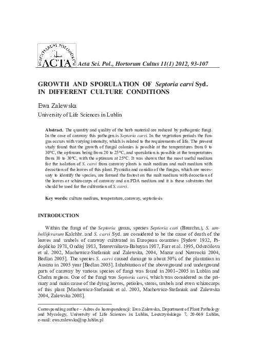 (PDF) GROWTH AND SPORULATION OF Septoria carvi Syd. IN DIFFERENT ...
