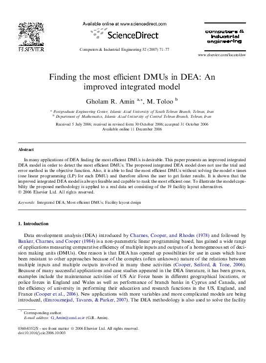 Pdf Finding The Most Efficient Dmus In Dea An Improved Integrated Model Gholam R Amin