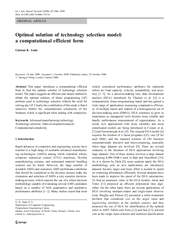 (PDF) Optimal solution of technology selection model: a computational ...