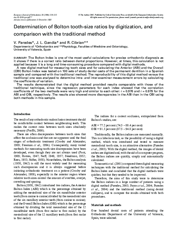 (PDF) Determination of Bolton tooth-size ratios by digitization, and ...