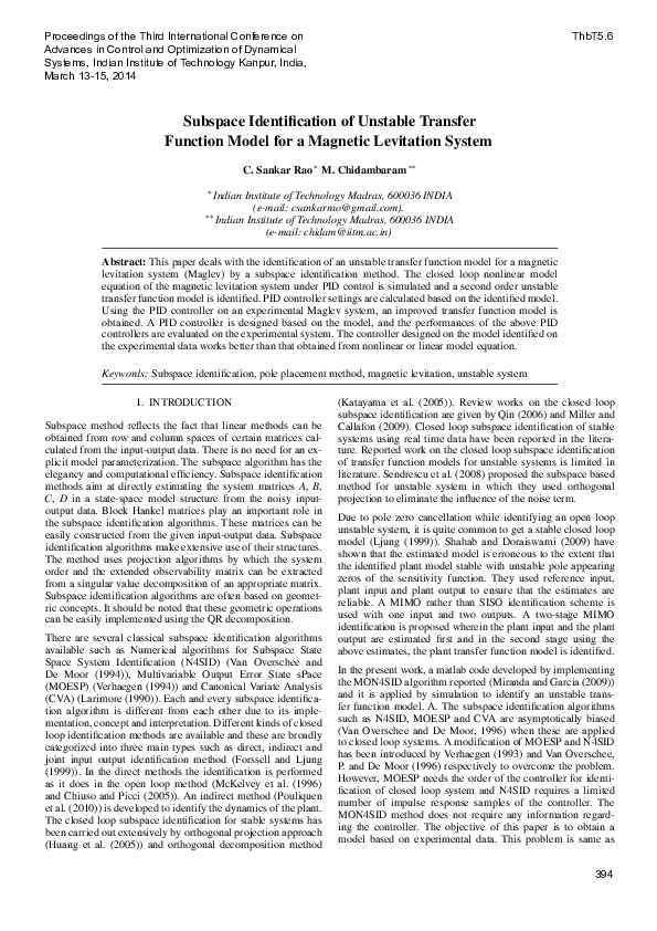 (PDF) Subspace Identification of Unstable Transfer Function Model for a Magnetic Levitation System