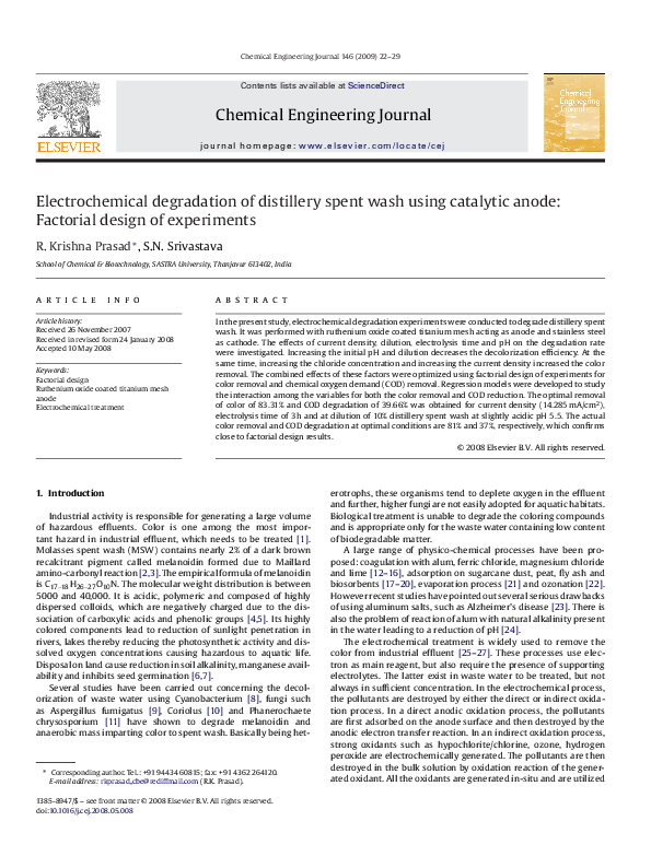 (PDF) Electrochemical degradation of distillery spent wash using ...
