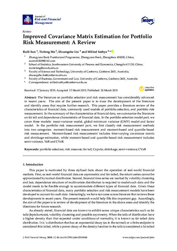 Pdf Improved Covariance Matrix Estimation For Portfolio Risk Measurement A Review Milind