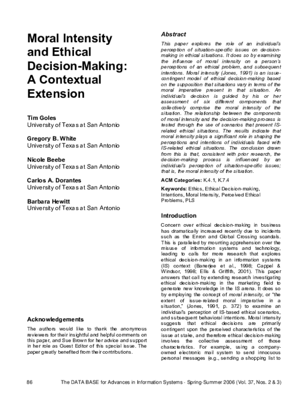 (PDF) Moral intensity and ethical decision-making: A contextual extension