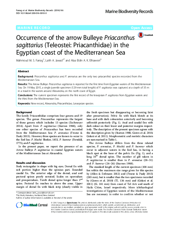(PDF) Occurrence of the arrow Bulleye Priacanthus sagittarius ...