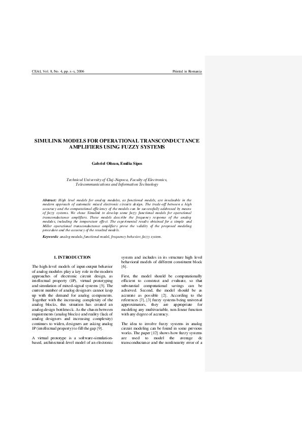 (PDF) Simulink Models for Operational Transconductance Amplifiers Using Fuzzy Systems