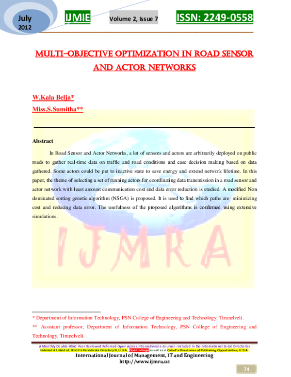 Pdf Multi Objective Optimization In Road Sensor And Actor Networks