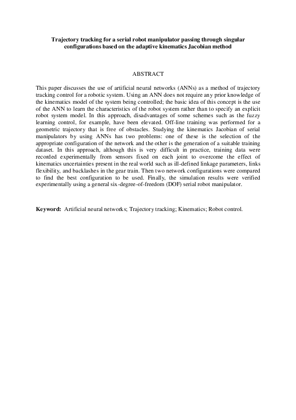 (PDF) Trajectory tracking for a serial robot manipulator passing through singular configurations ...