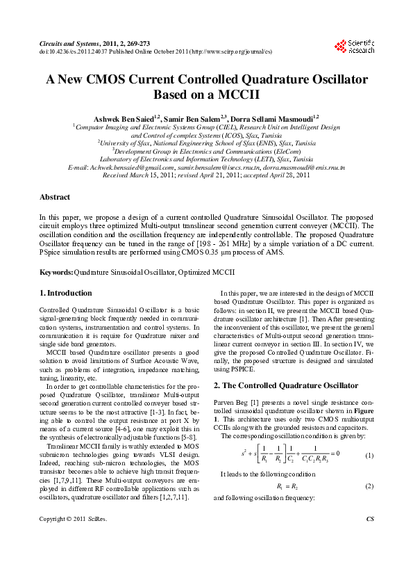(PDF) A new CMOS Current Controlled Quadrature Oscillator Based on a ...