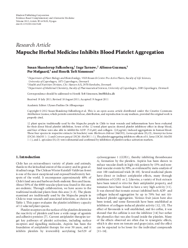 (PDF) Mapuche Herbal Medicine Inhibits Blood Platelet Aggregation