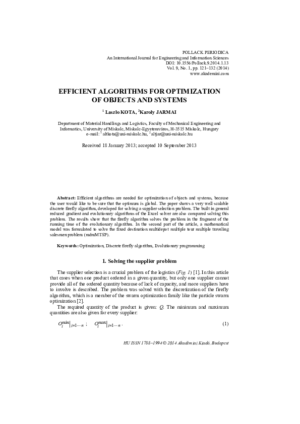(PDF) Efficient algorithms for optimization of objects and systems (PDF) Efficient algorithms for optimization of objects and systems