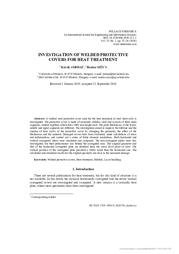 (PDF) Investigation of welded protective covers for heat treatment (PDF) Investigation of welded protective covers for heat treatment