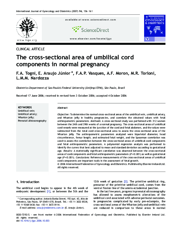 (PDF) The cross-sectional area of umbilical cord components in normal ...