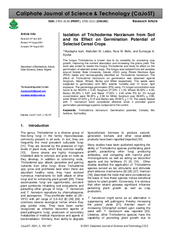 (PDF) Isolation of Trichoderma Harzianum from Soil and its Effect on Germination Potential of ...