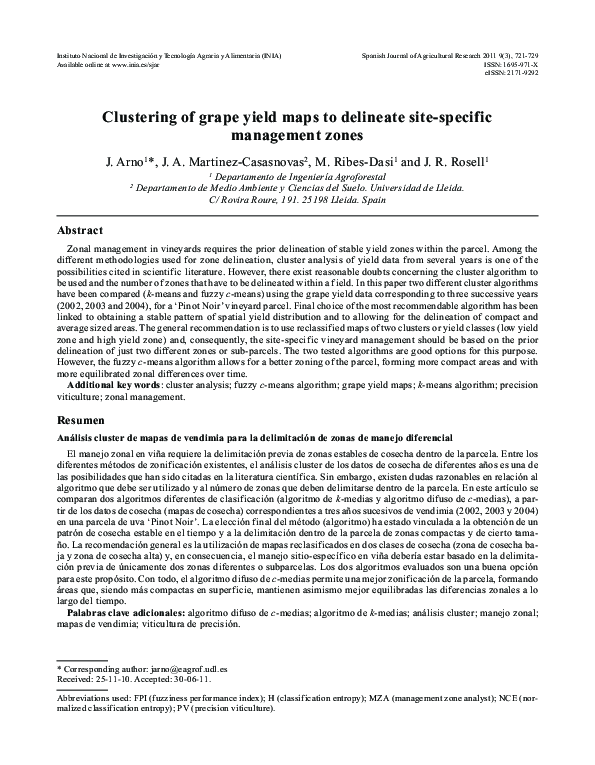 (PDF) Clustering of grape yield maps to delineate site-specific management zones