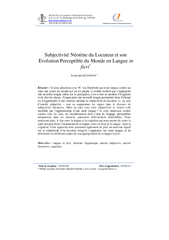 (PDF) Subjectivité Néotène du Locuteur et son Evolution Perceptible du ...