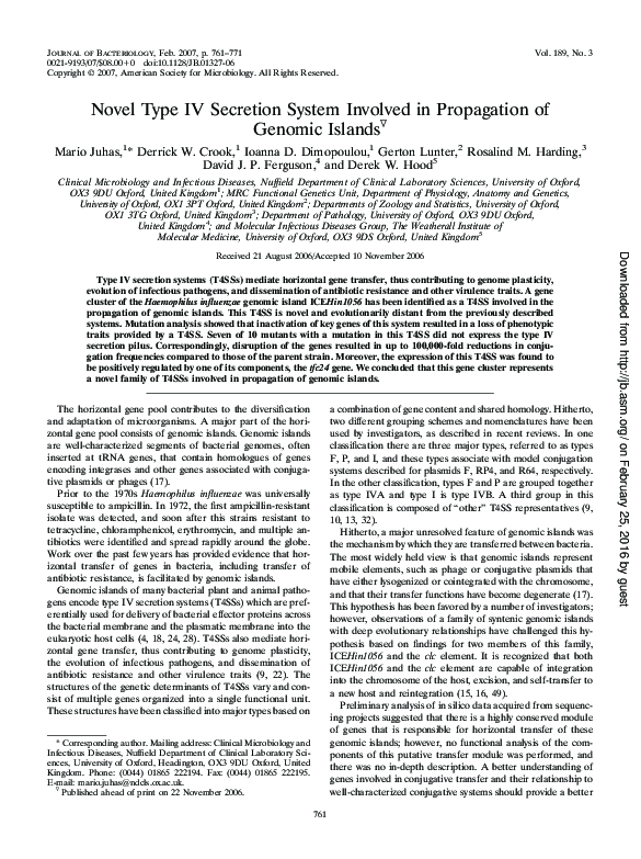 (PDF) Novel Type IV Secretion System Involved in Propagation of Genomic ...