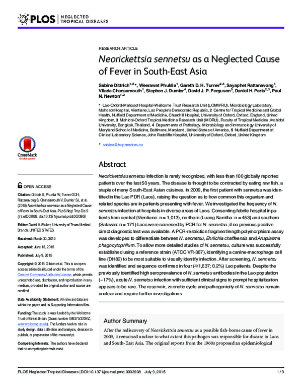 (PDF) Neorickettsia sennetsu as a Neglected Cause of Fever in South ...
