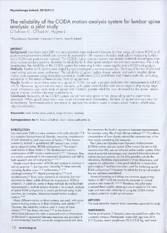 Pdf The Reliability Of The Coda Motion Analysis System For Lumbar Spine Analysis A Pilot