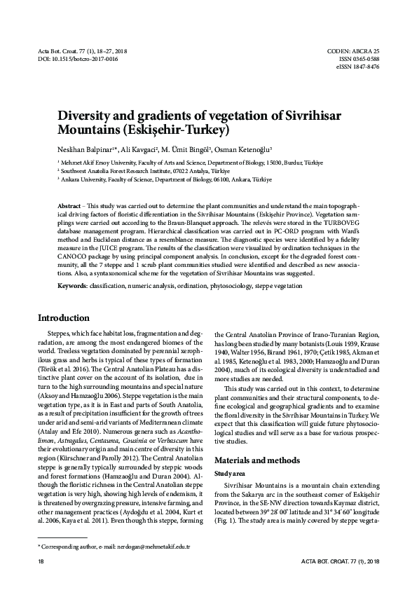 (PDF) Diversity and gradients of vegetation of Sivrihisar Mountains ...