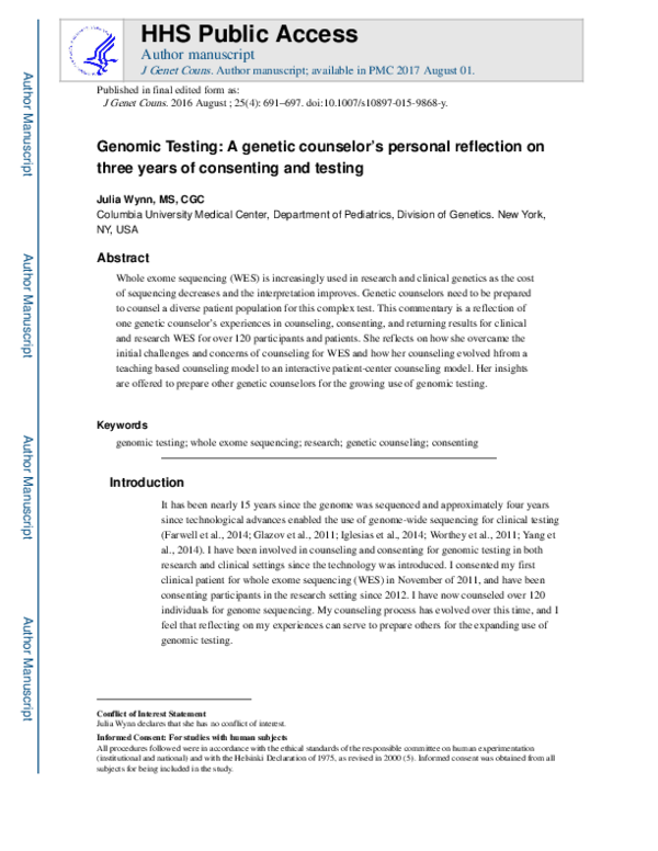 (PDF) Genomic Testing: a Genetic Counselor's Personal Reflection on ...