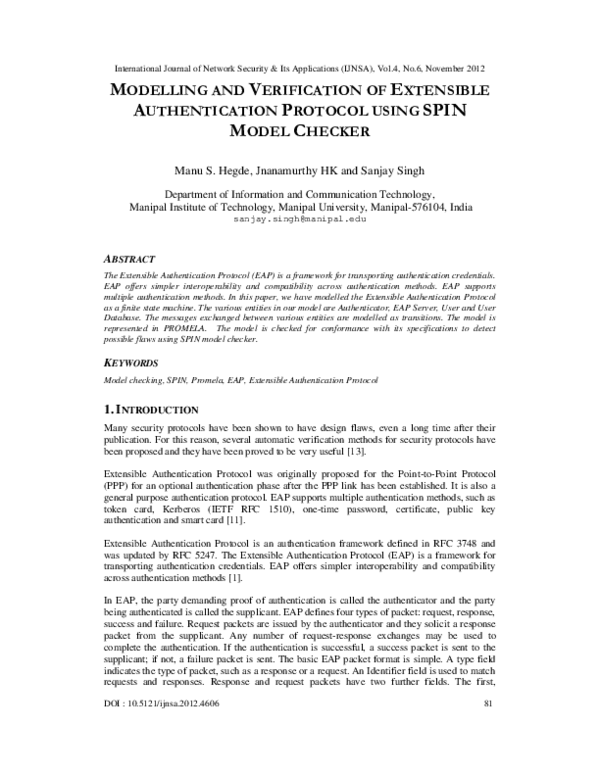 Pdf Modeling And Verification Of Extensible Authentication Protocol For Transport Layer 5234