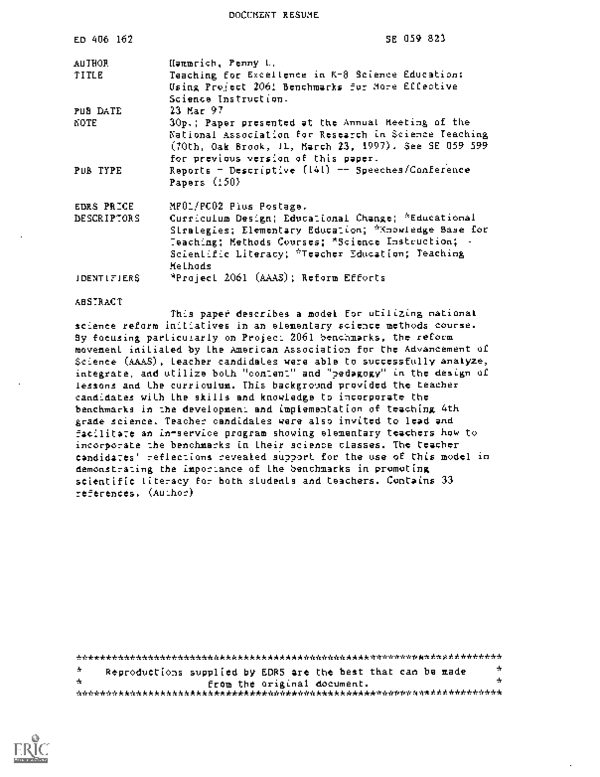 (PDF) Teaching for Excellence in K-8 Science Education: Using Project ...