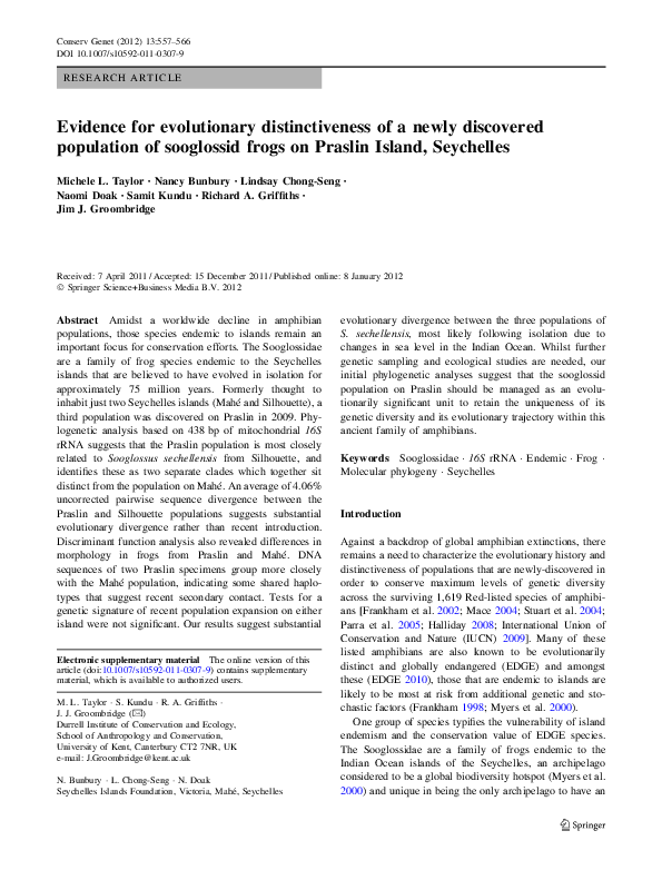 (PDF) Evidence for evolutionary distinctiveness of a newly discovered ...