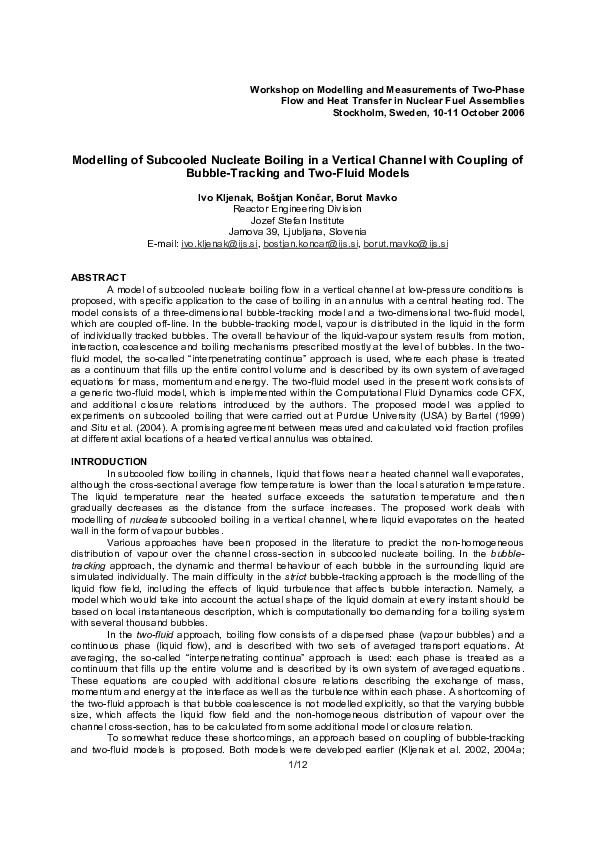 (PDF) Modelling of Subcooled Nucleate Boiling in a Vertical Channel with Coupling of Bubble ...