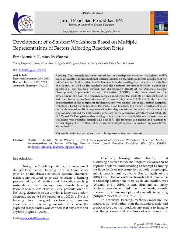 (PDF) Development of e-Student Worksheets Based on Multiple Representations of Factors Affecting ...