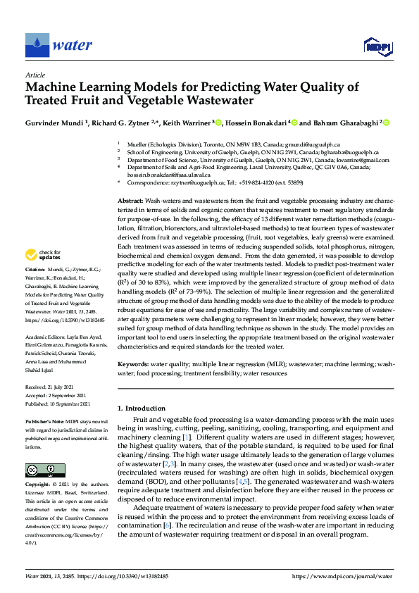 (PDF) Machine Learning Models for Predicting Water Quality of Treated Fruit and Vegetable Wastewater