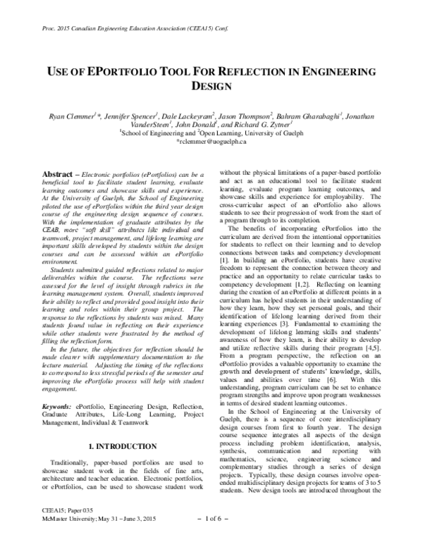 (PDF) Use of Eportfolio Tool for Reflection in Engineering Design