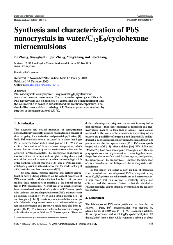 (PDF) Synthesis and characterization of PbS nanocrystals in water/C12E9 ...
